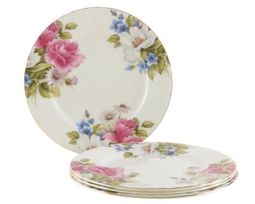 Gracie Bone China 7-1/2-Inch Ribbed Dessert Plate, Pink Grace's Rose, Set of 4. Gold Trimmed