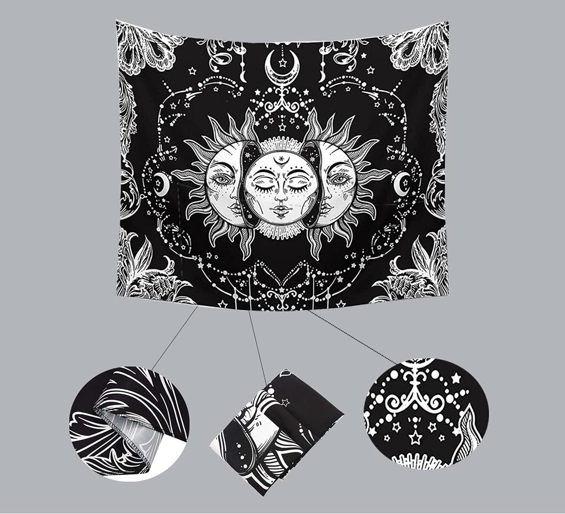 EWYN Sun and Moon Tapestry,Black and White Tapestries Mystic Burning Sun with Star Wall Hanging decor for Bedroom (70.9"x 90.6", Black White)