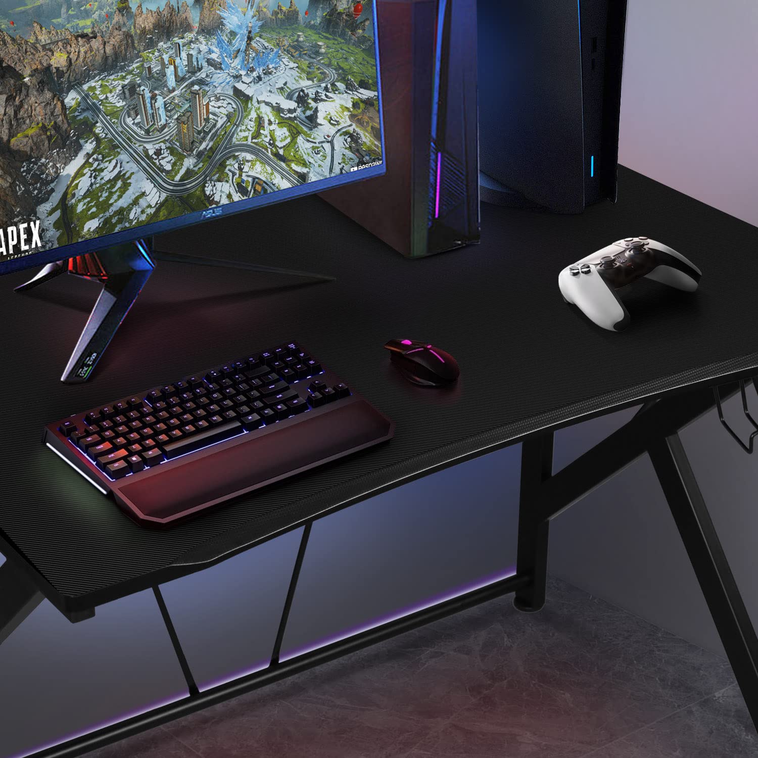 ENSTVER 42 Inch Black/Pink Home Office PC Computer Gaming Desk, K Shaped Gaming Workstation with PVC Surface for Gamer,Writing Desk Table with Cup Holder&Headphone Hook,Black