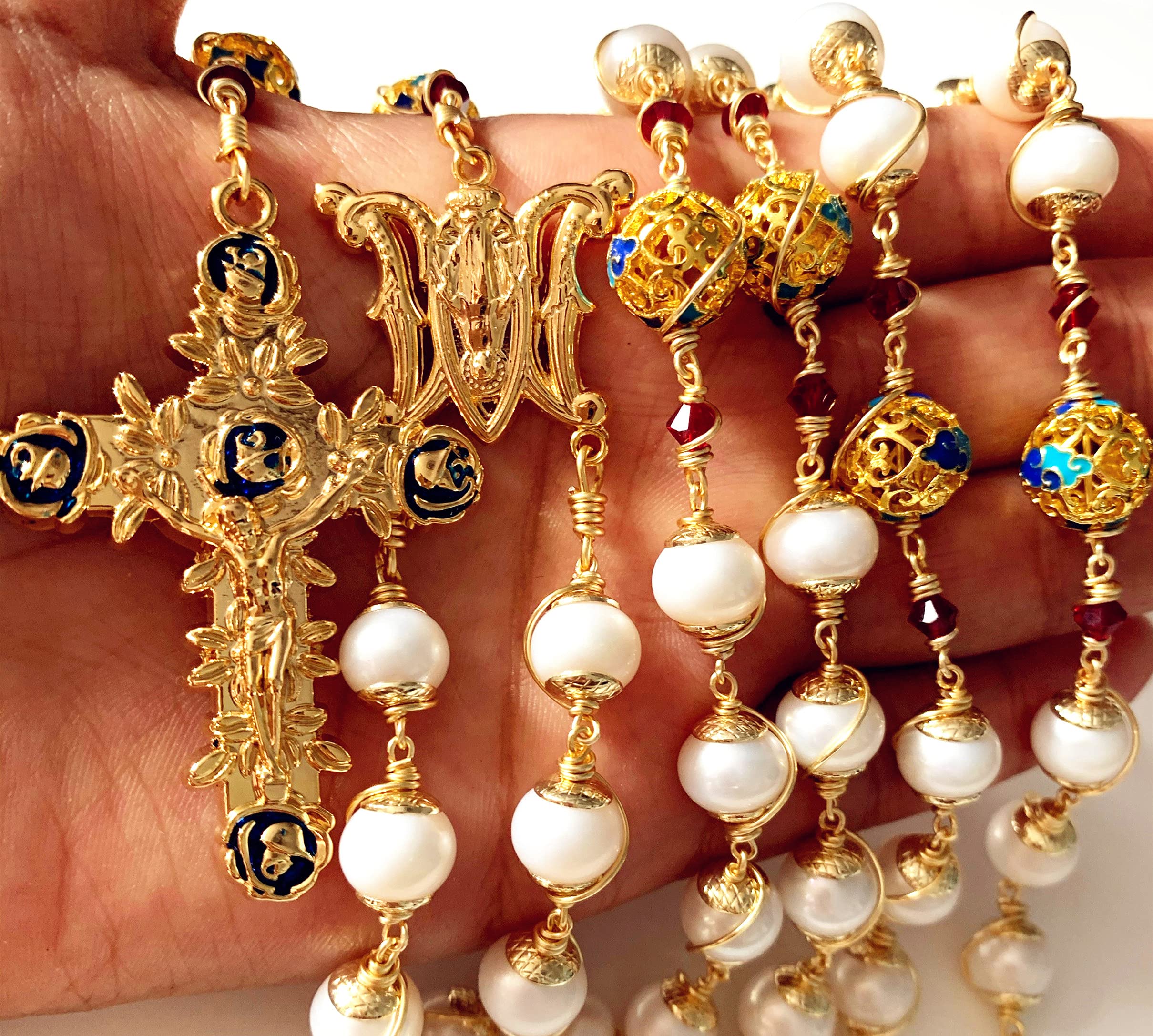 elegantmedical HANDMADE Gold Wire Wrapped Bead AAA White 9mm Real Pearl & Enamel Bead Rosary Cross NECKLACE BOX