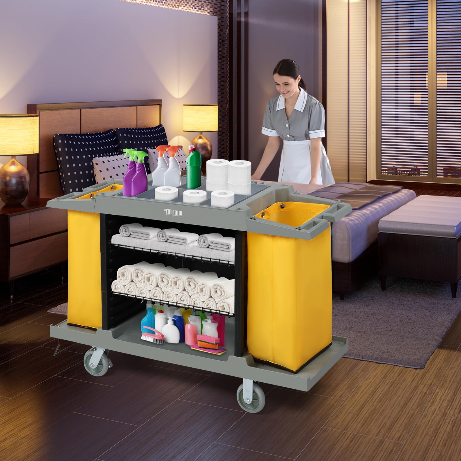 LEADZM Premium Hotel & Housekeeping Cart on Wheels, 154LBS Multifunctional Commercial Cleaning Cart with Large Capacity Vingyl Bags, Comfor Grip Handles and Easy Move Casters