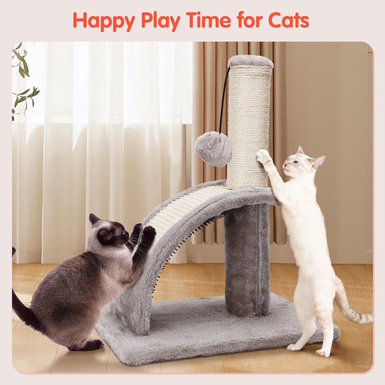 Nobleza Cat Scratching Post for Indoor Cats, Durable Natural Sisal Rope Cat Scratch Post with Cat Self Groomer, Sturdy Cat Scratcher Post for Kittens Small Cats with Funny Hanging Ball, Light Grey