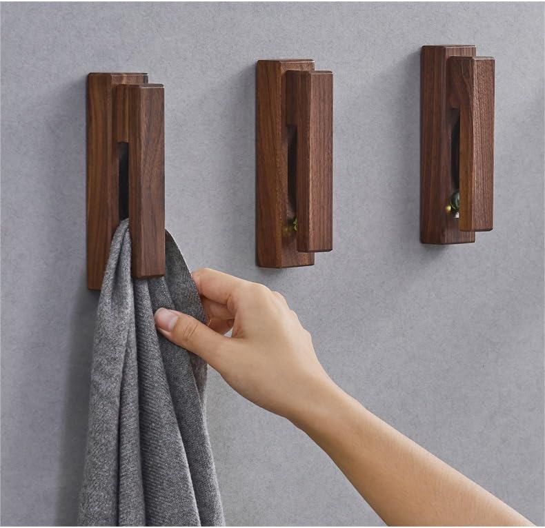 NOCITTA 2 Piece Wooden Wall Mounted Bathroom Towel Hangers, Hanging Clothes Hooks, Handmade Black Walnut Towel Hangers, Adhesive Hooks No Hole Punching, Quick Installation, Load Capacity 15kg