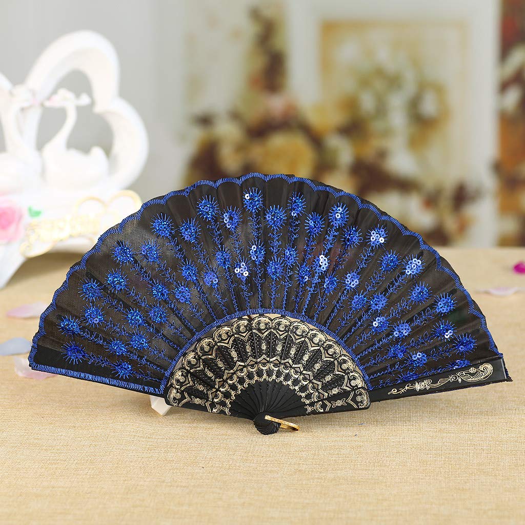 Folding Flower Hand Chinese Dance Wedding Silk Fan Style Lace Party Held Fans 6 Clip Fan Oscillating (Blue-`, One Size)
