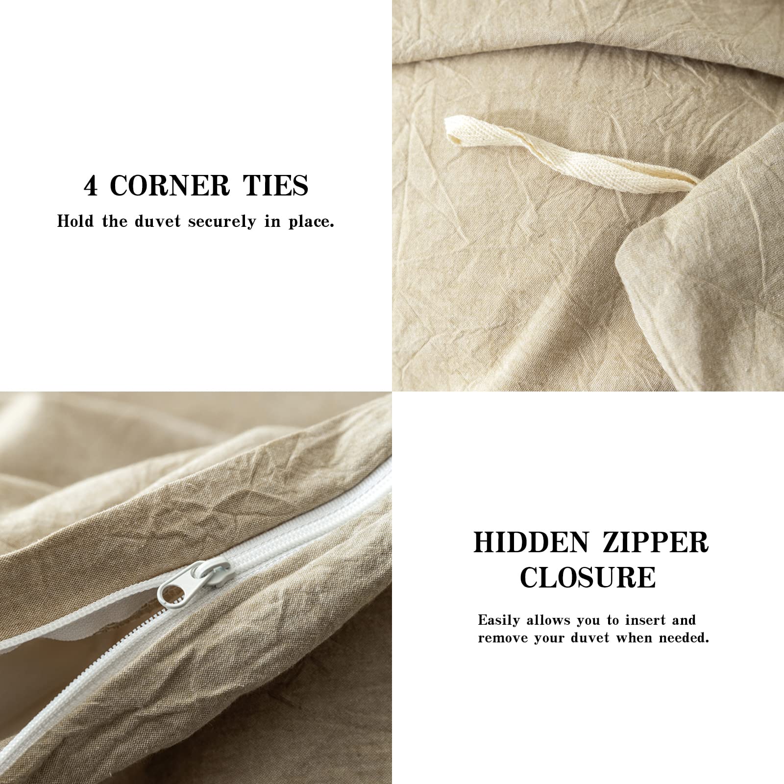 TIPTOE BEAR King Duvet Cover Set- 100% Washed Cotton 3 Pcs Soft Comfy Breathable Chic Linen Feel Bedding, 1 Duvet Cover and 2 Pillow Shams, Beige