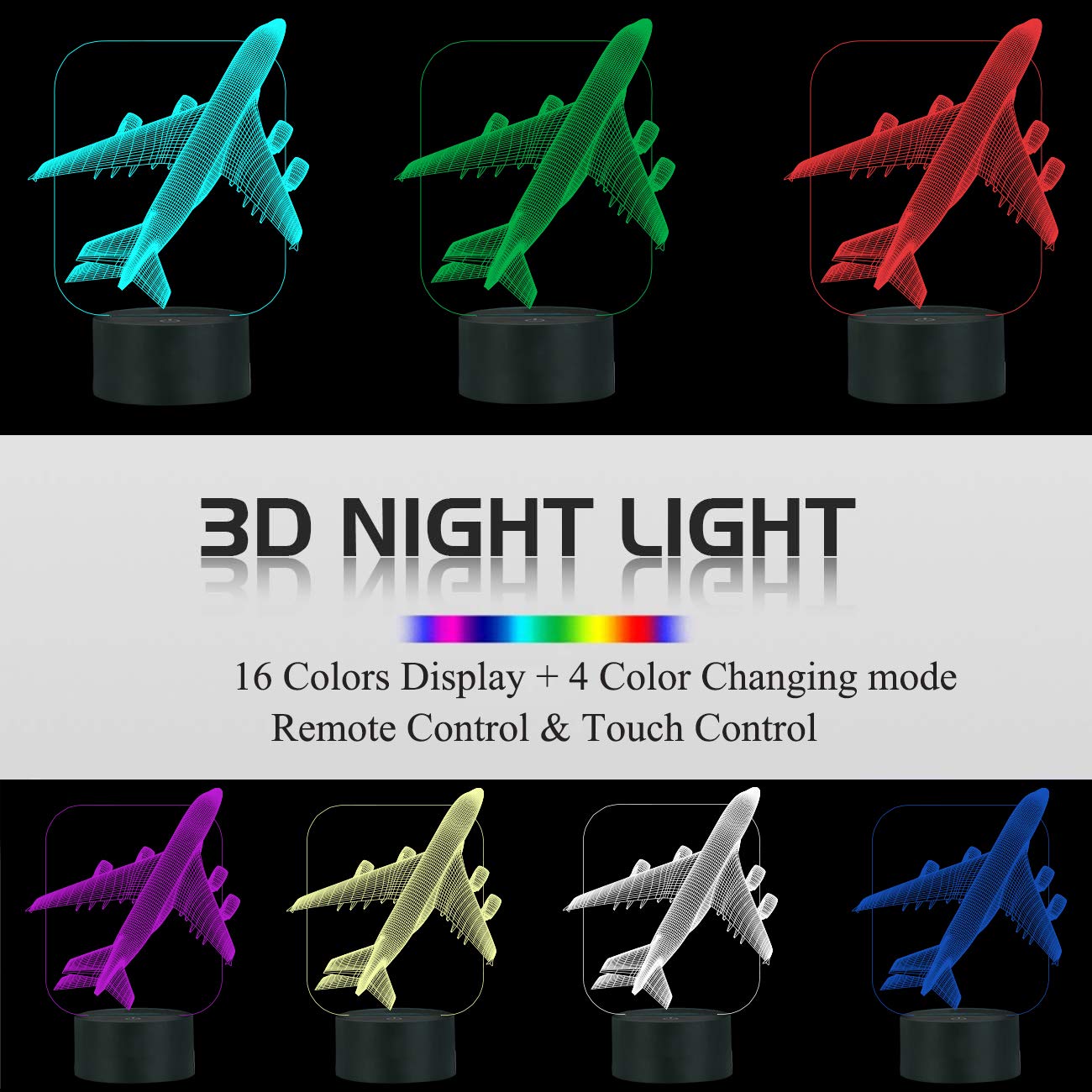 FULLOSUN Aircraft Airplane 3D Night Light Kids Bedside Lamp 16 Colors Changing with Remote Control Xmas Halloween Birthday Gift for Child Baby Boy