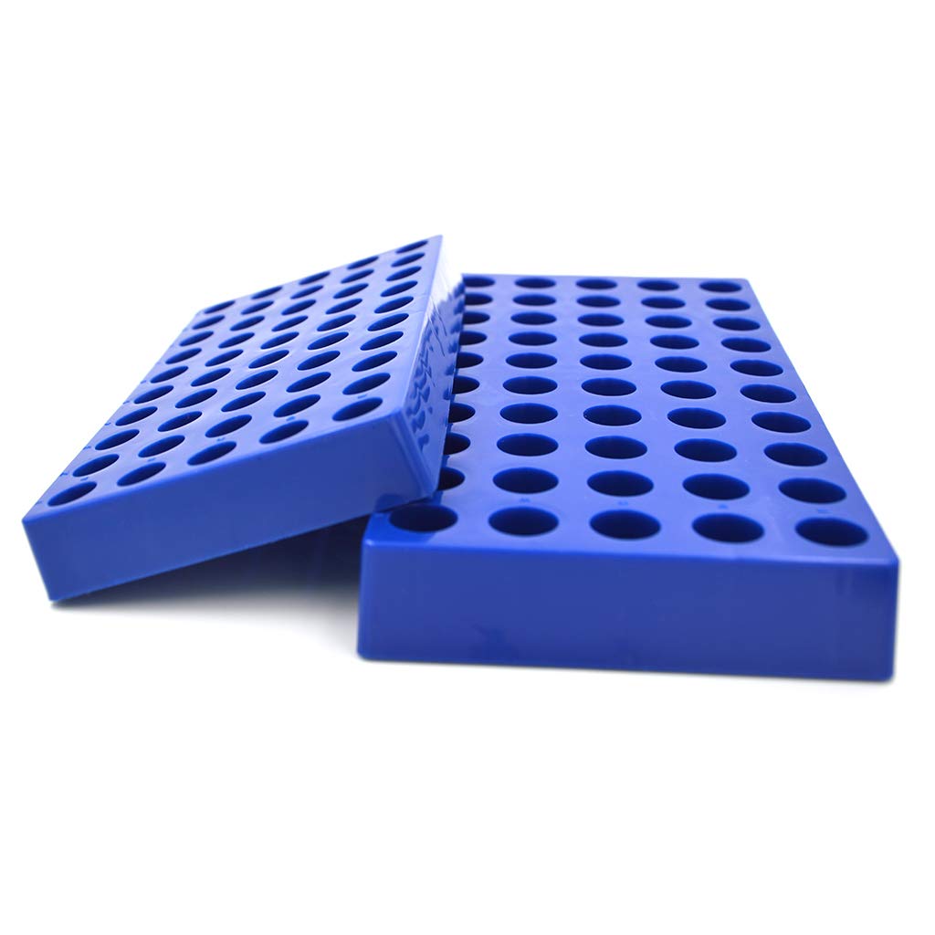 Tisch Scientific Vial Racks for 4mL Vials | 5 Pack | Blue Polypropylene | 9.25" x 4.5" x 1.125" | 50 Holes | Hole Diameter: 15mm | Hole Depth: 22mm | Autoclavable | CV2056