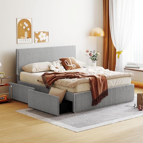 EMKK Full Size Upholstered Platform Bed with 4 Drawers and Golden Edge on The Headboard & Footboard,Bedframe for Kids,Adults Bedroom, w/4 Drawers Tufted Headboard