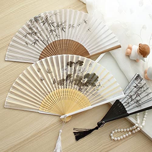 Folding Fan Ink Retro Wind Women's Fan Chinese Style Gift Folding Fan Summer Folding Floral Pattern Fabric Folding Fan (Yellow 2) (Yellow 2)