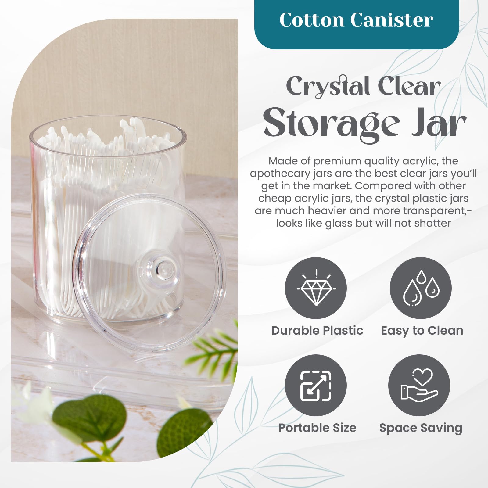 milano home Qtip Holder Pack of 4, Vanity Makeup Organizer Storage, Clear Plastic Apothecary Jars with Lids, Organizer Storage for Cotton Swabs, Cotton Balls, Makeup Sponges, Cotton Canister 12/10 OZ