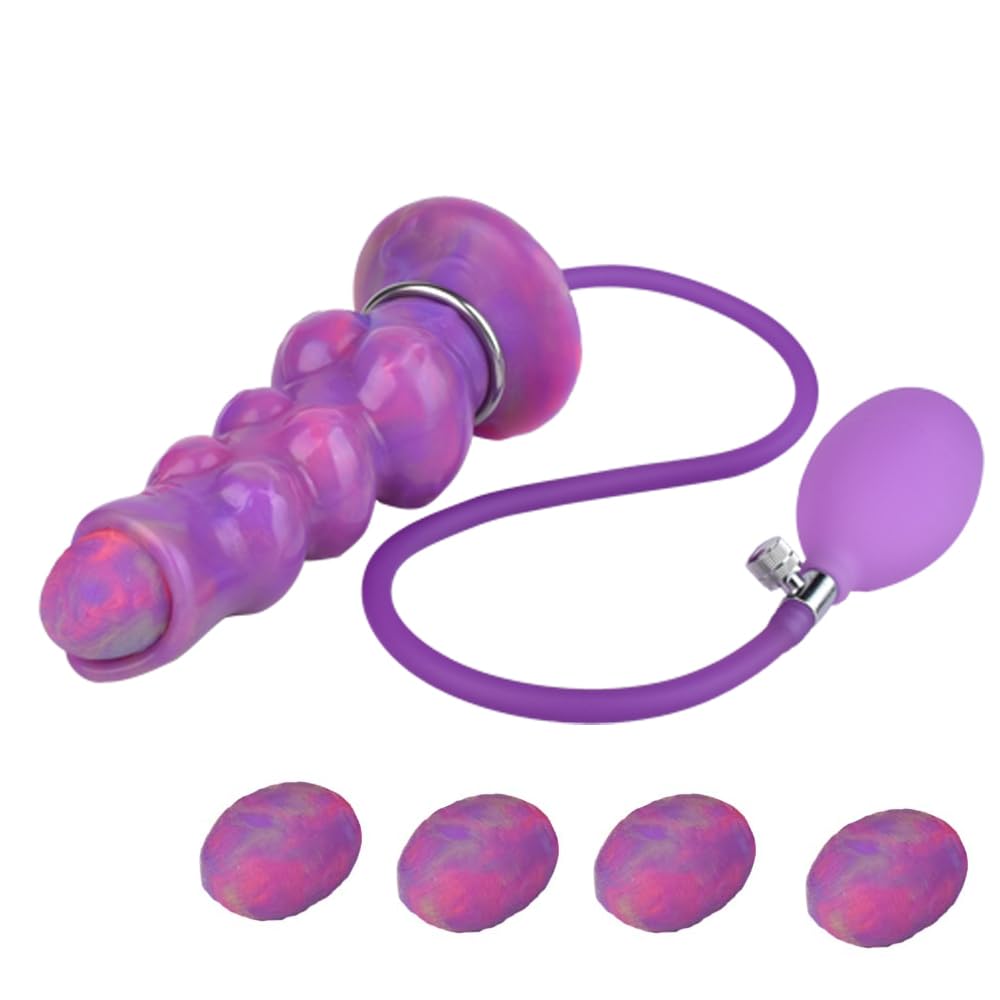 Fantasy Ovipositor Dildo Hollow Tunnel with 5 Eggs Adult Sex Toy for Women, Couples, 6.89'' Knotted Luminous Dildo Anal Sex Toys - Purple Inflatable Pump