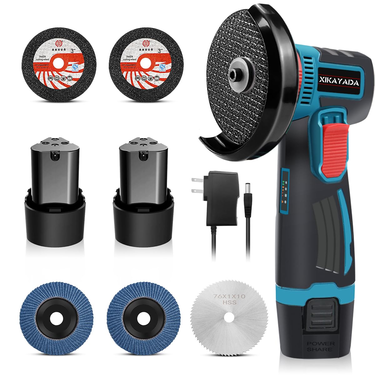 Mini Angle Grinder, 12.6V 3inch Angle Grinder with 2 * 2500mAh Batteries and 5 Grinding Wheels, Brushless Motor 19500RMP Cordless Grinder, Cutting/Deburring/Derusting Grinder Tool (Blue)