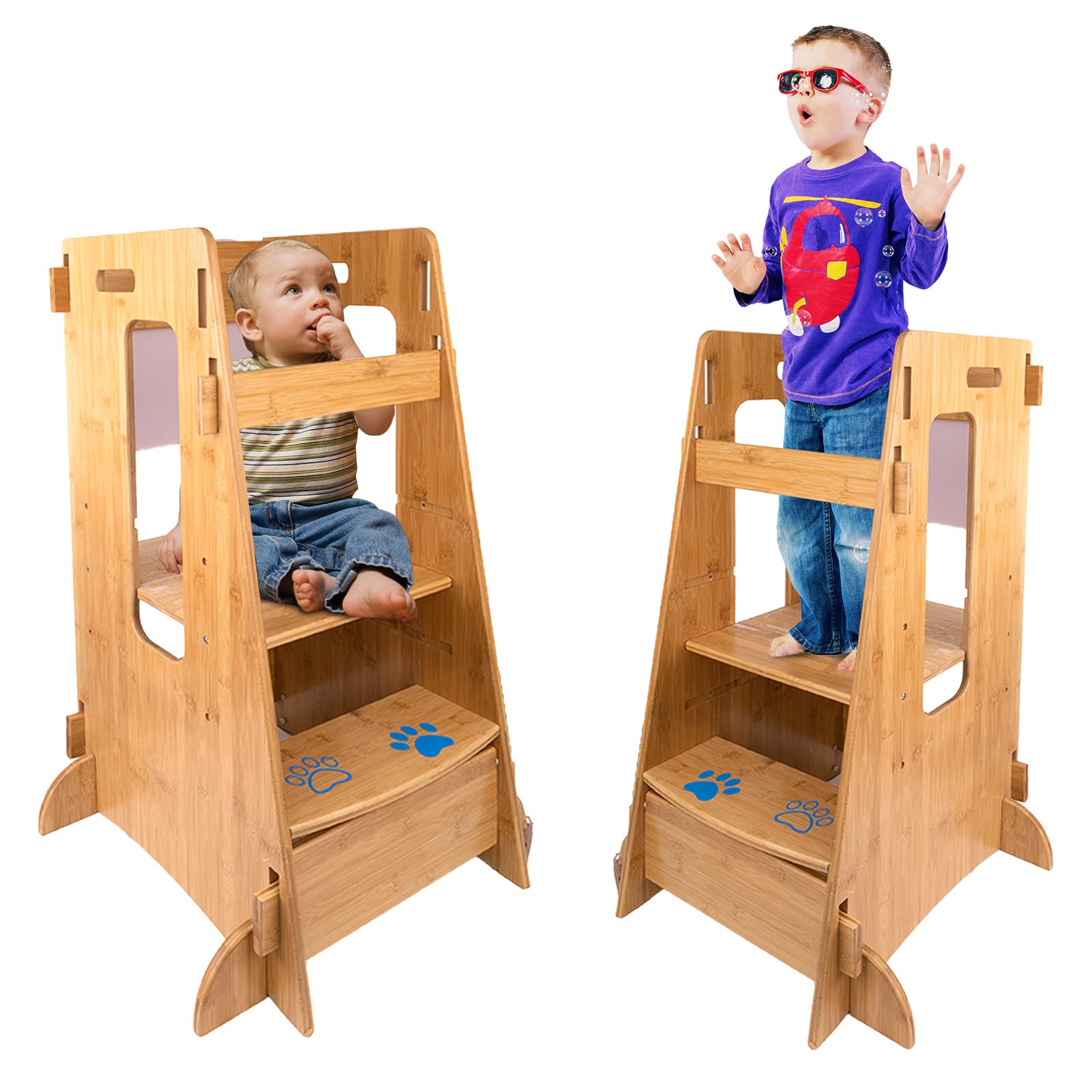 Learning Tower, Bamboo Height Adjustable Toddler Tower, Professional Toddler Kitchen Stool Helper, Kitchen Helper Stool for Toddlers, The Toddler Step Stool with Painting Tools.