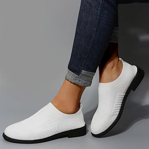 FASDNENDYS Fashion Autumn Women Casual Shoes Low Heel Flat Solid Color Fly Woven Mesh Breathable Comfortable Solid Men Fashion White