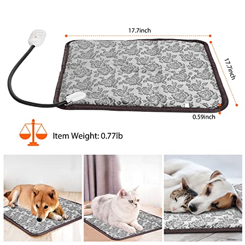 Pet Heating Pad, Cat Electric Heating Mat Waterproof, Pets Heated Bed Adjustable Dog Bed Warmer Electric Heating Mat with Chew Resistant Steel Cord (17.7x17.7, Flower)
