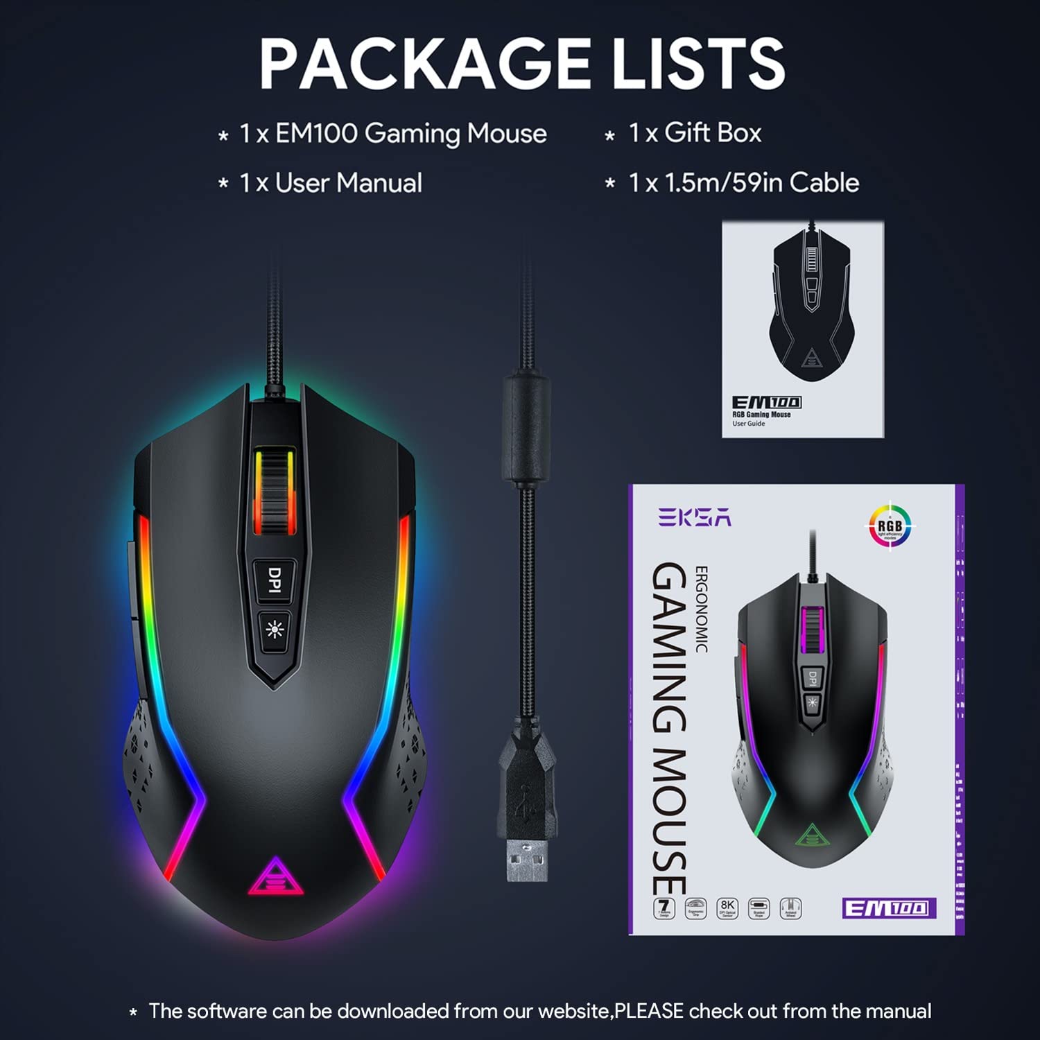 EKSA Gaming Mouse, Wired Ergonomic Gaming Mice with 7 Programmable Buttons, Chroma RGB 6 Backlit& Adjustable 8000DPI for Windows PC Gamers (EM100)