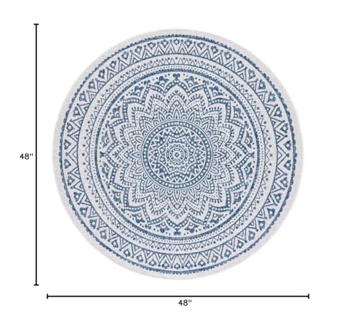SAFAVIEH Courtyard Collection 4' Round Ivory/Navy CY8734 Boho Mandala Indoor/ Outdoor Easy -Cleaning Patio Backyard Mudroom Area -Rug
