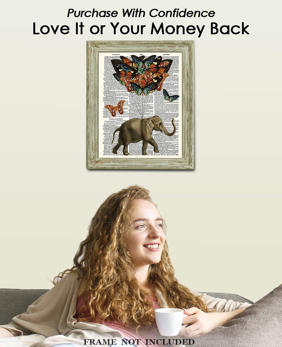 Elephant With Butterfly Balloons Dictionary Wall Art Print: Unique Room Decor for Boys, Men, Girls & Women - (8x10) Unframed Picture