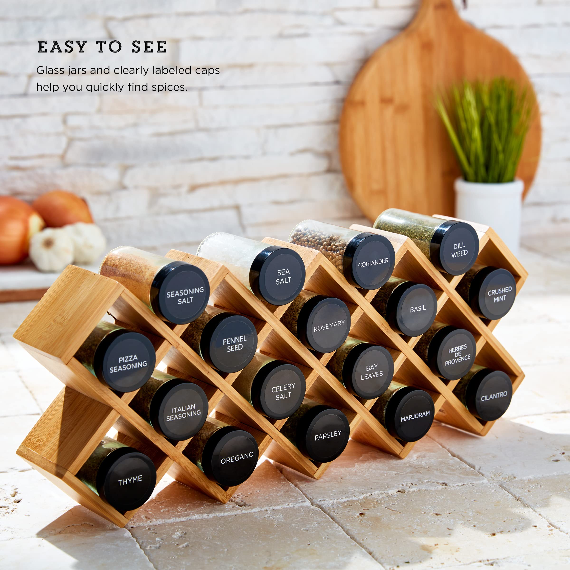 Kamenstein 18 Jar Criss-Cross 2-in-1 Spice Organizer for Countertop or Wall with Spices Included, FREE Spice Refills for 5 Years, Bamboo with Black Caps