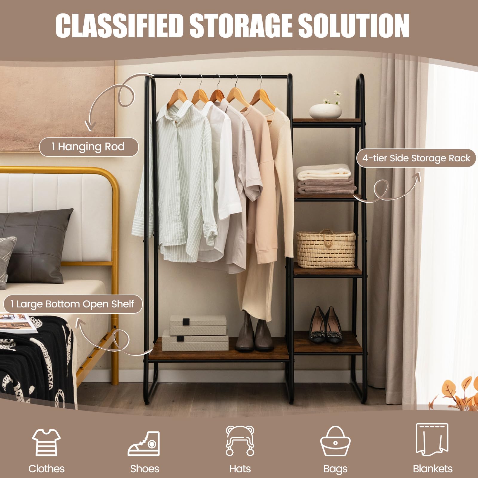 Tangkula Garment Rack with Shelves, Clothes Rack with 5 Shelves & Hanging Bar, Open Wardrobe for Hanging Clothes and Storage, Free Standing Closet Organizer, Clothing Rack for Bedroom Entryway
