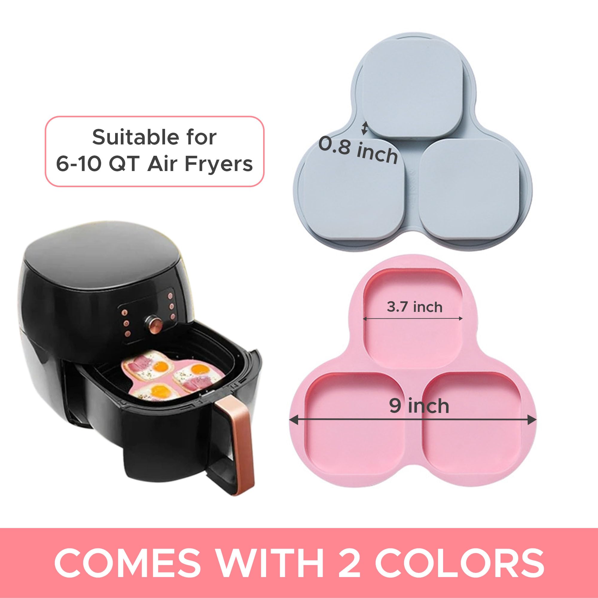 Non-Stick Air Fryer Pancake Maker, Reusable Air Fryer Egg Pan, Egg Poacher, Air Fryer Accessories, For Egg Sandwich, Hamburger, Muffin, Pancake (Square Silicone Pancake Egg Mold-3 cavity (Pink&Gray)