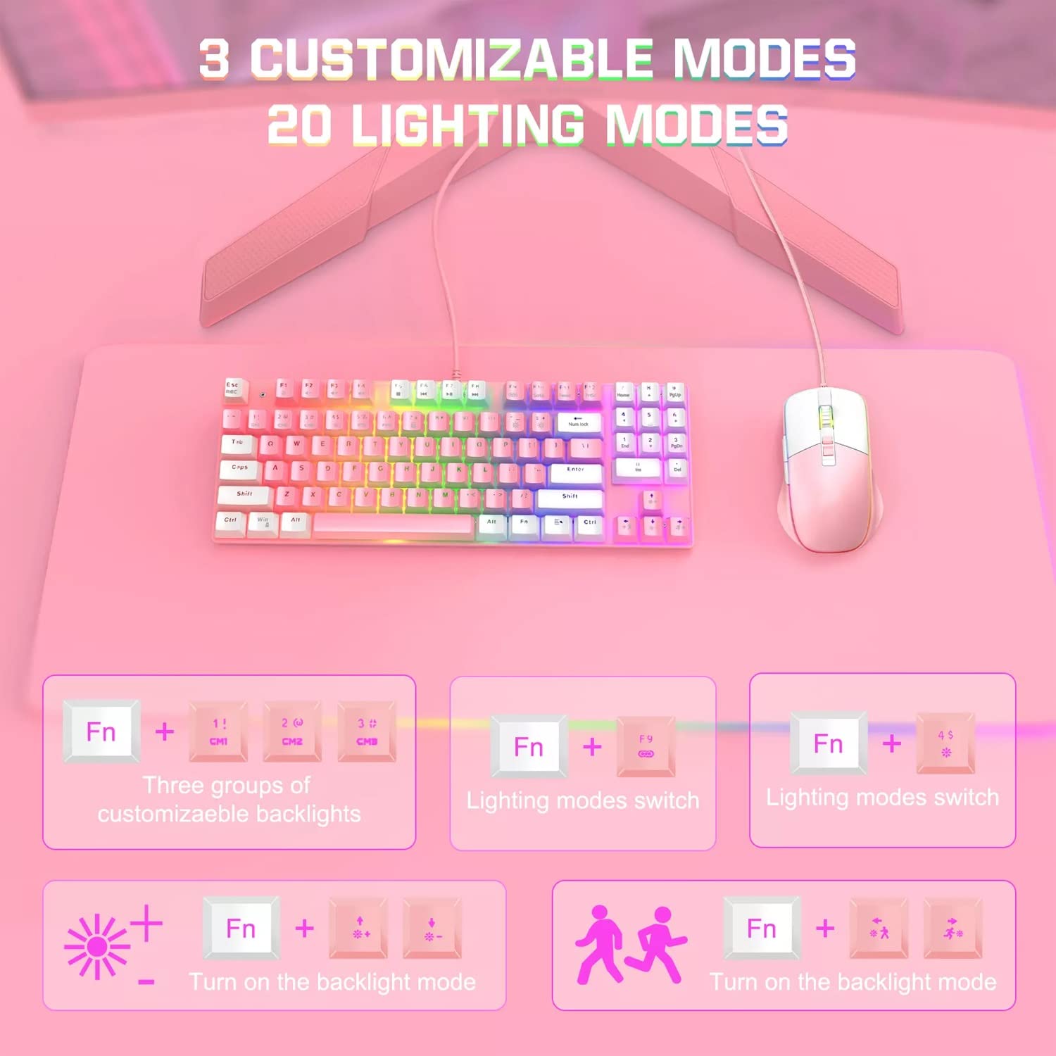 EXHNLE RGB Gaming Keyboard and Mouse Combo,87 Keys Gaming Keyboard Wired RGB Backlit Gaming Keyboard USB Backlit Keyboard, for Laptop PC Computer Game and Work (Color : White)