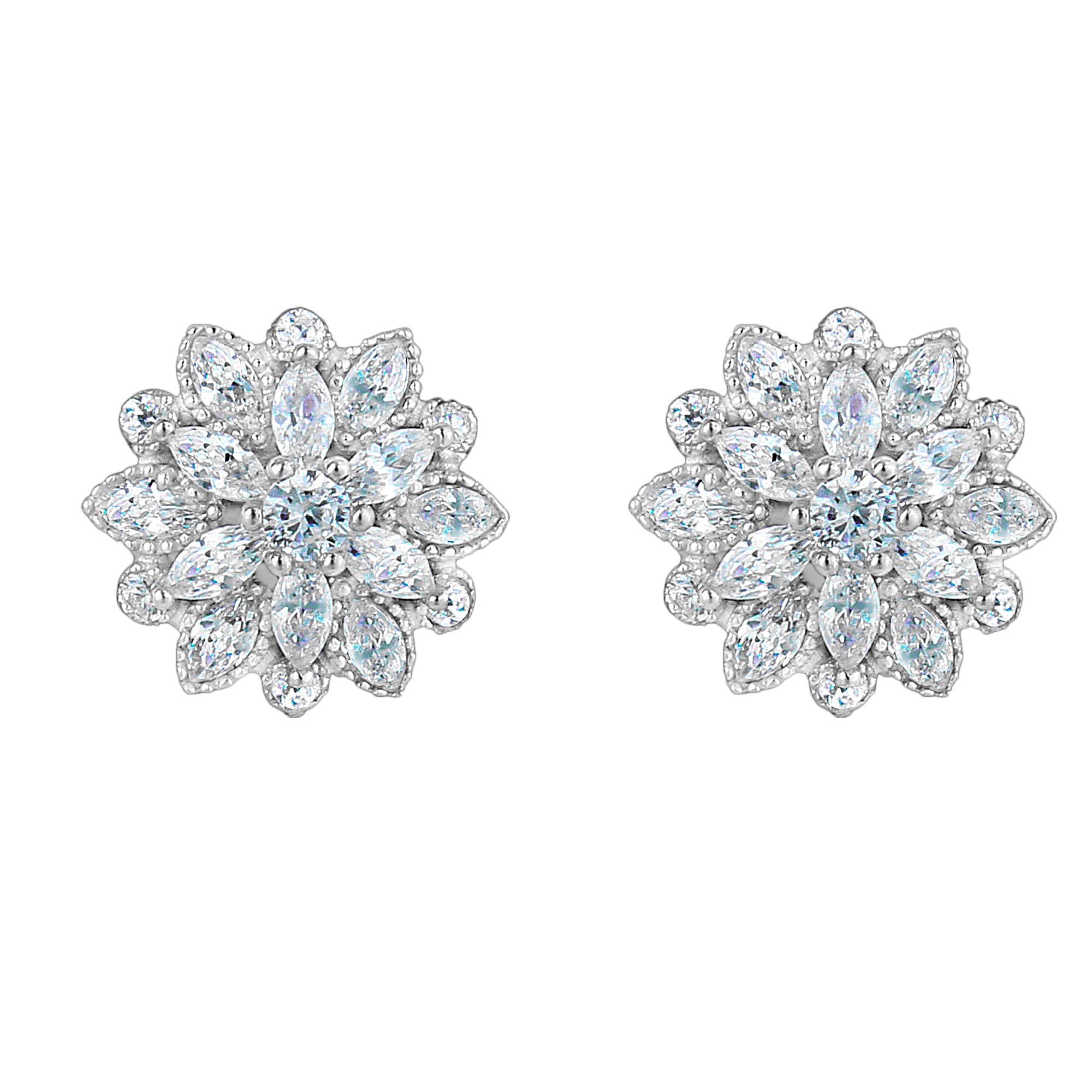 EleQueen 925 Sterling Silver Full Cubic Zirconia Bridal Flower Stud Earrings 15mm Clear for Women, Valentine's Day/Mother's Day/Christmas Jewelry Gift