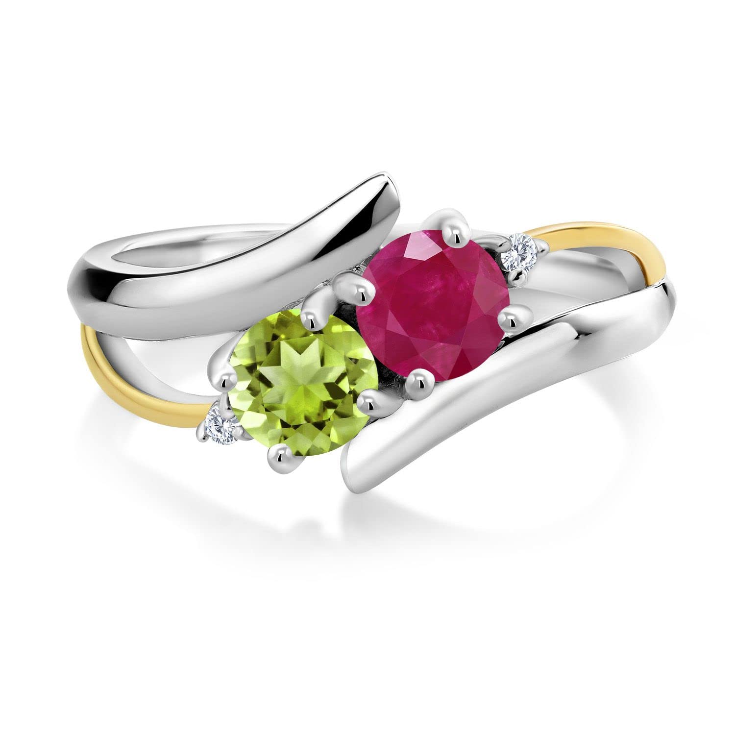 Gem Stone King 925 Sterling Silver and 10K Yellow Gold Round Red Ruby and Green Peridot Women Ring (1.12 Cttw, Gemstone Birthstone, Available In Size 5, 6, 7, 8, 9)