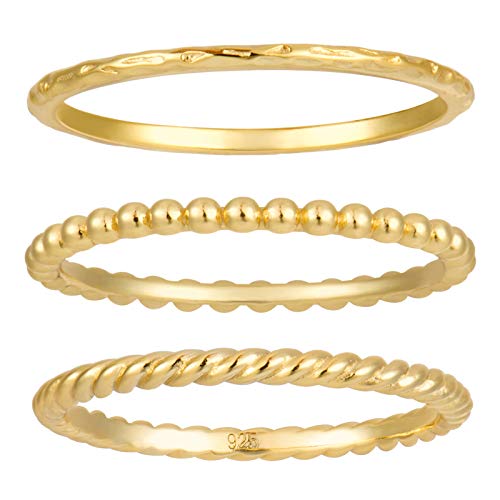 espere 18K Gold Plated Sterling Silver Stacking Ring Set of 3 | Thin Beaded Ring Twisted Rope Band Hammered Ring | Minimalist Spacer Rings | Delicate Eternity Gold Band