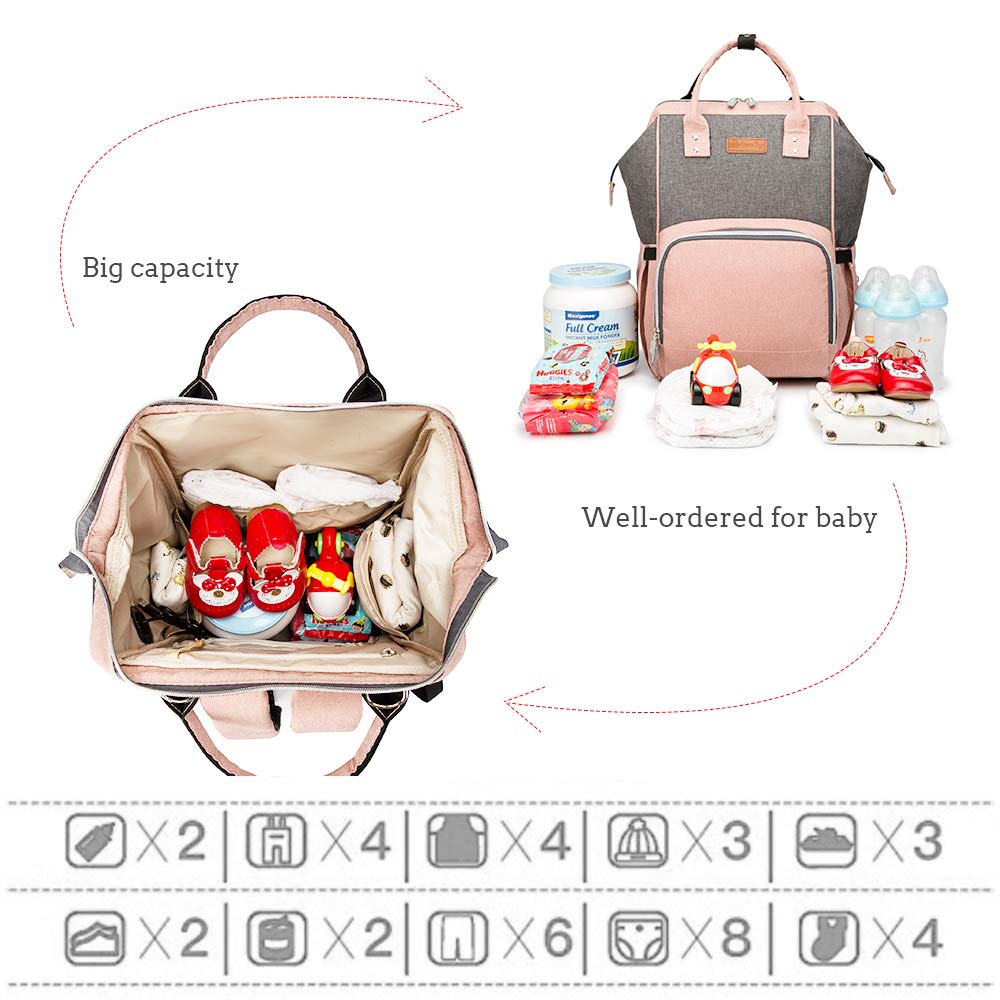 Diaper Bag Backpack for Baby with Insulated Pockets Stroller Straps Changing Pad and USB Charging Port, Large Capacity, Waterproof, Pink&Gray