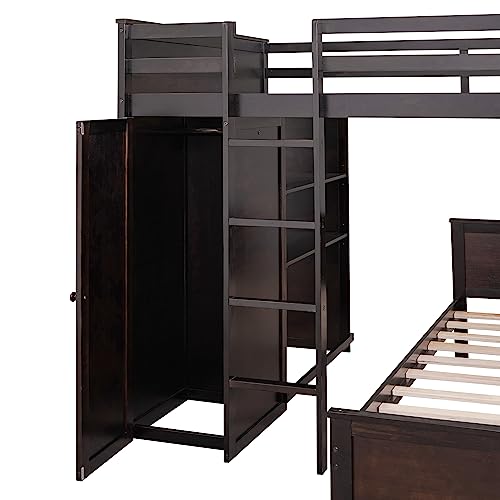 SOFTSEA Full Over Twin Bunk Bed with Desk, Full Size Loft Bed with Wardrobe and Storage, Wood Loft Bed with Stand-Alone Bed for Kids Teens (Espresso)