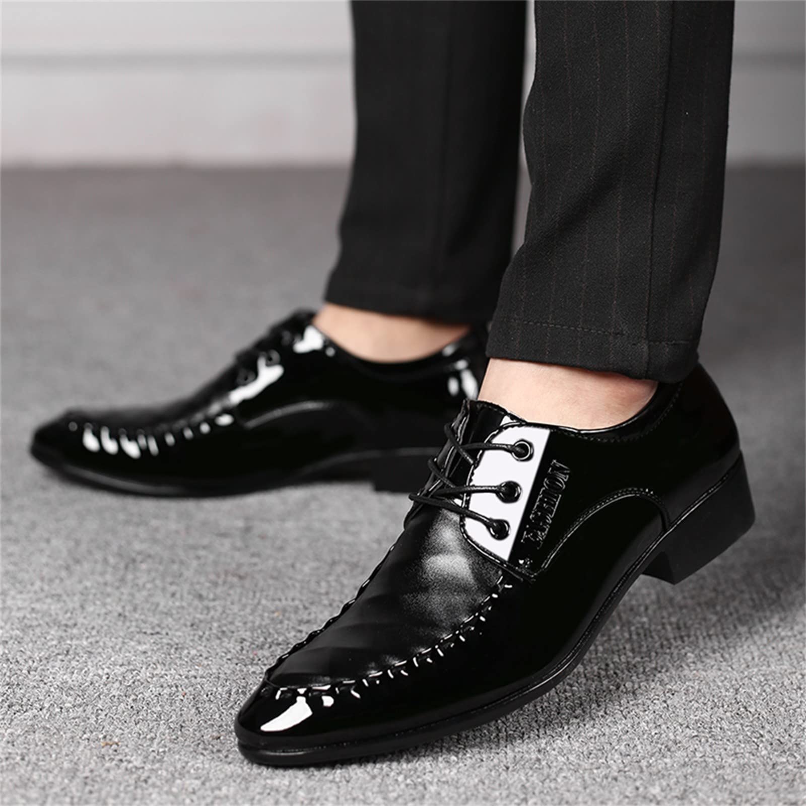 FASDNENDYS Fashion Summer and Autumn Men Leather Shoes Pointed Toe Low Heeled Solid Black Stitched Lace Up British Business Style Casual Sneaker