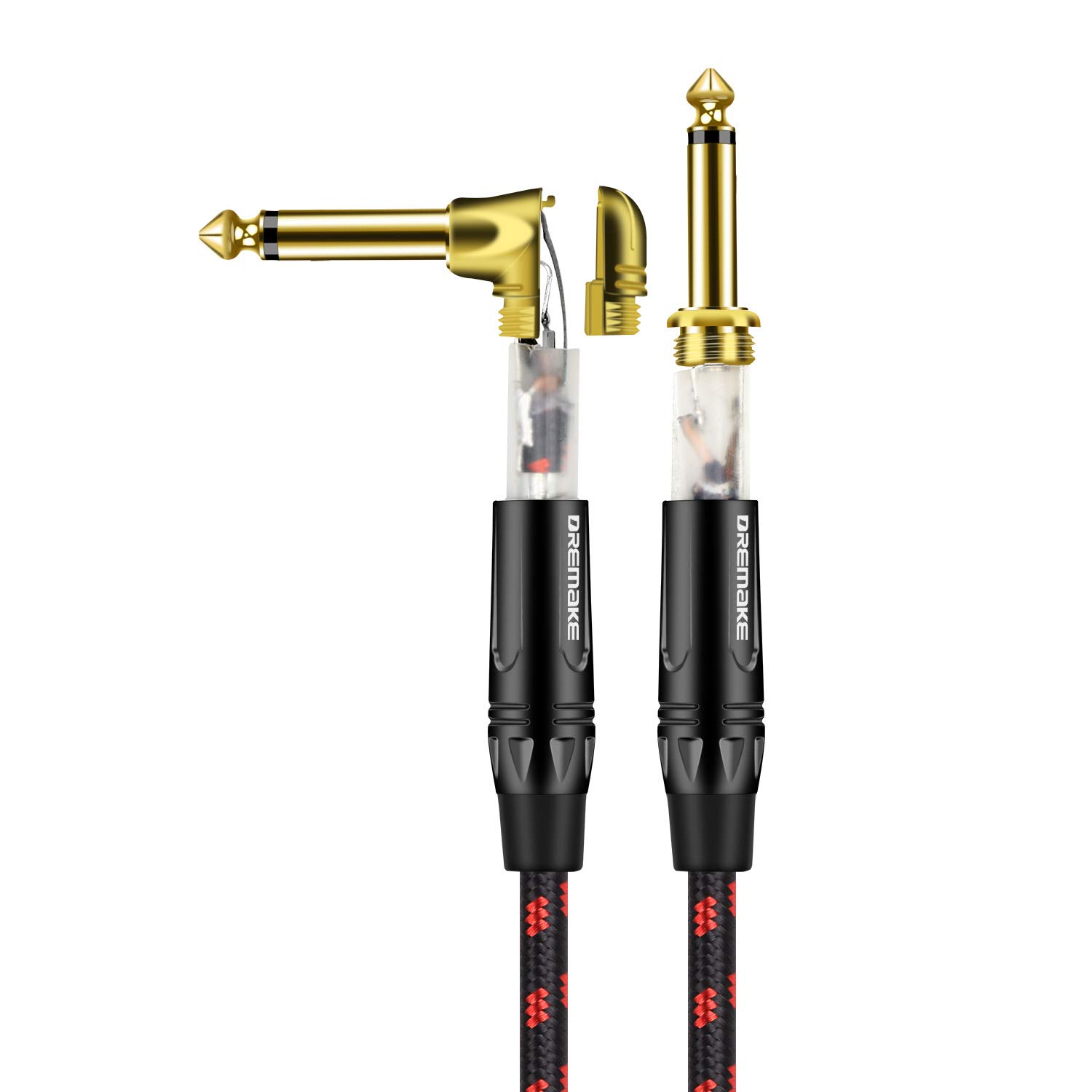 DREMAKE 3 Foot Professional Instrument Cable, Guitar Cable for Speaker Bass Keyboard 1/4" (6.3mm) Straight to Right Angle Inch Cable Black/Red Tweed