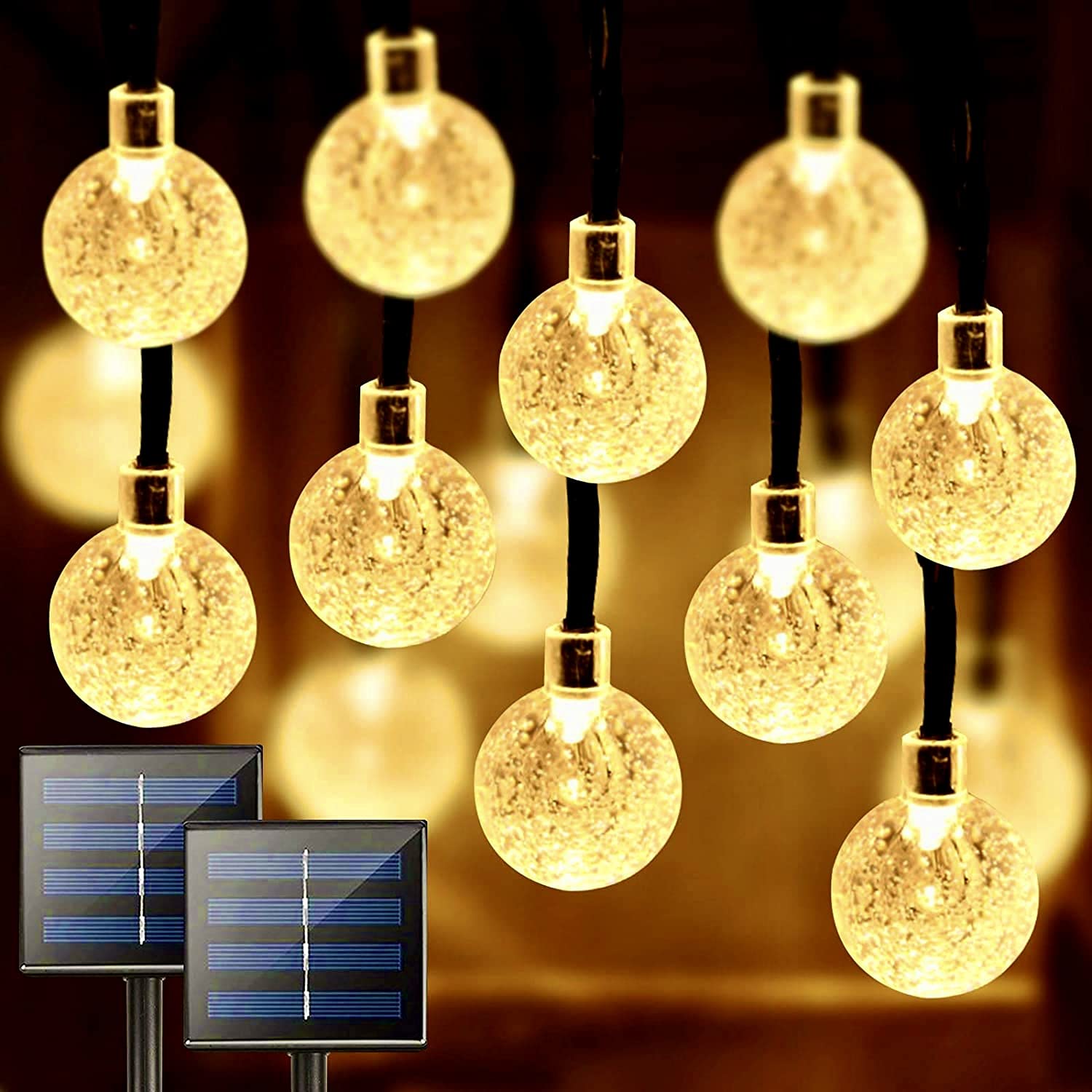 EXF 2-Pack Total 100 Crystal Globe Solar String Lights Outdoor Durable & Bright Solar Powered Patio Lights Waterproof 8 Modes Solar LED Decorative Lights for Garden Gazebo Tree (Warm White)