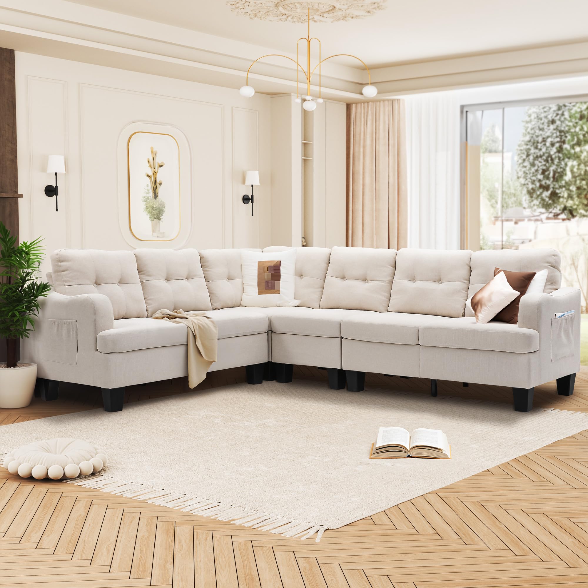 May in Color 6 Pieces I Shaped Couch with Solid Wood Frame and Thick Legs, Modern White Modular Sectional Sofa, Polyester Fabric Big Sofa Bed, Large Sleeper Couch for Living Room