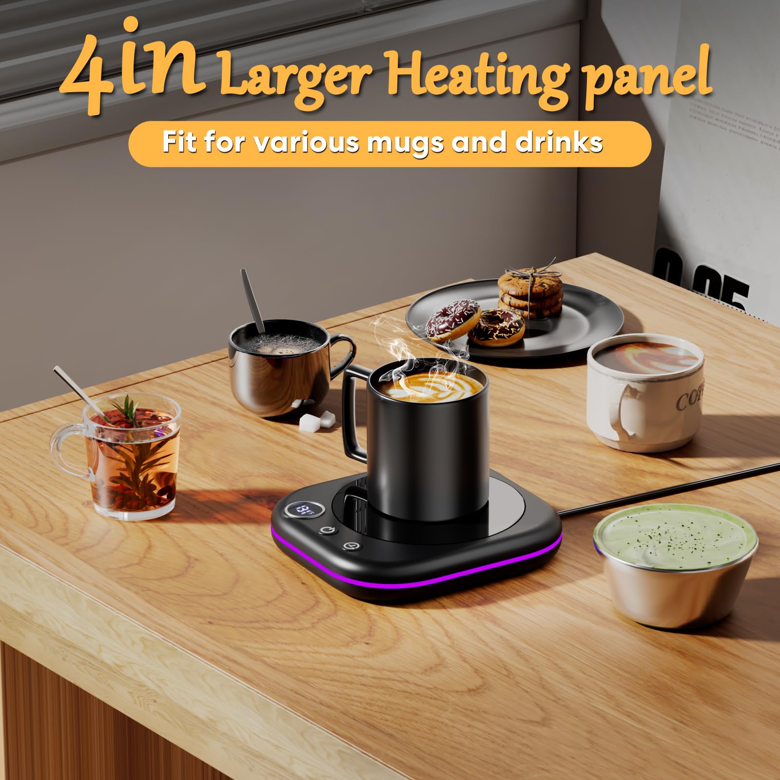 Mug Warmer Upgraded,Coffee Mug Warmer for Desk LEDs Light 3 Temp Settings (45-75β) 1-12H Timer 4 H Auto Shut Off Beverage Cup Candle Warmer for Coffee Tea Milk(Black)