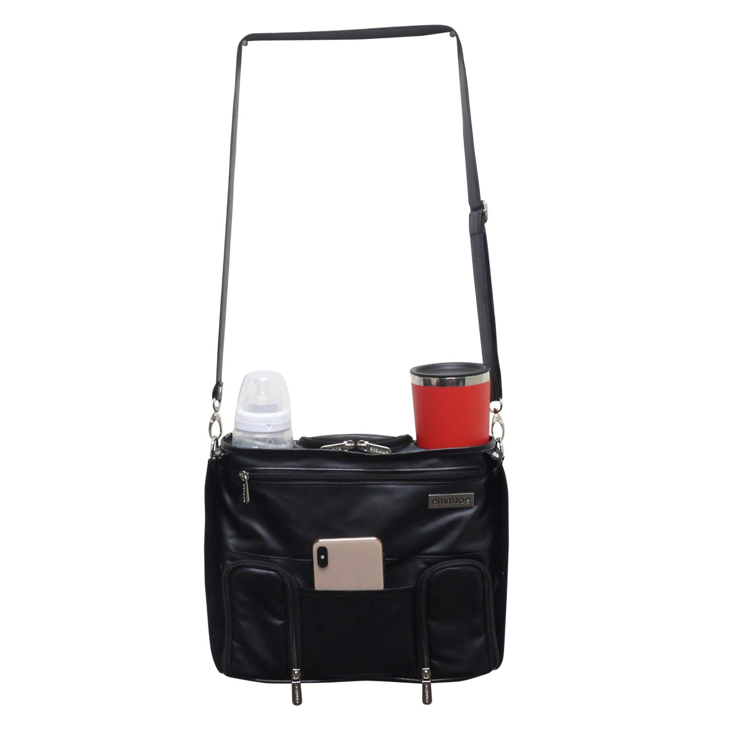 Emmzoe All-In-One Universal Fit Leather Stroller Organizer with Shoulder Strap and Cup Holders - Insulated Food Compartment - Multifunctional Storage Compartments for Diapers, Wipes