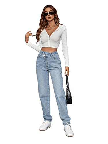 SweatyRocks Women's High Waisted Straight Leg Long Jeans Asymmetrical Waist Denim Pants Solid Pale Blue M