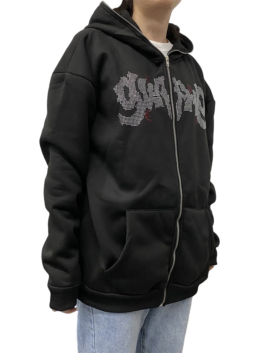 Faretumiya Women Men Rhinestone Hoodie Y2k Graphic Zip Up Unisex Sweatshirt Sparekly Oversized Pullover Jacket Streetwear(black two,Medium)