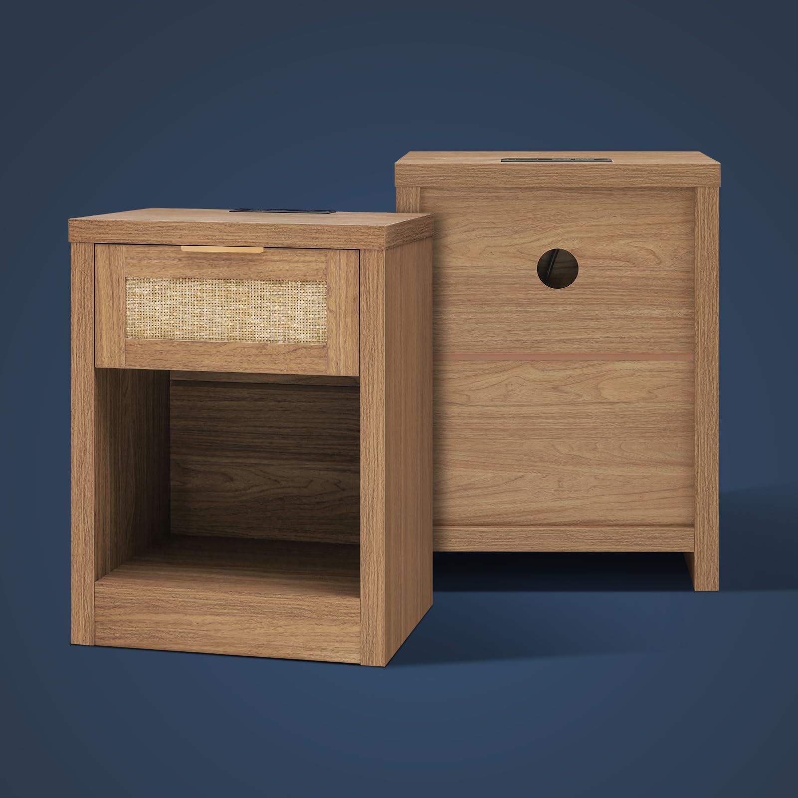 OAKHAM HOME Nightstand Set of 2, Rattan Night Stand with Type-C Charging Station, Bedside Table with Drawer, Boho Bed Side Table End Table Accent Table for Bedroom Living Room (Weathered Oak)