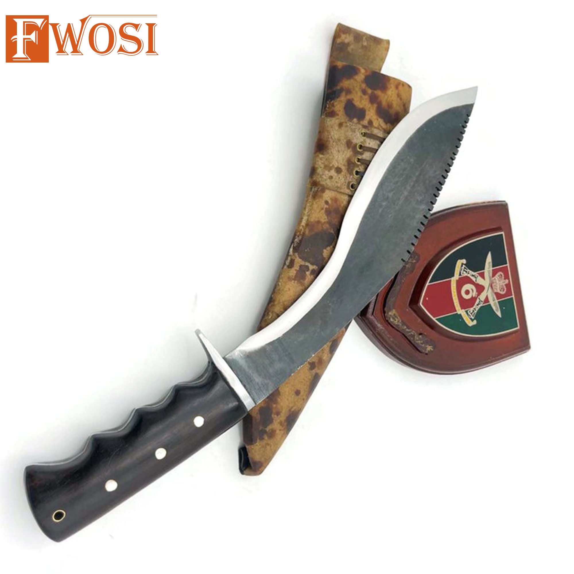 Fwosi Kukri Blade - 13-Inch Fixed Blade Knife, Gorkha Khukuri or Military Kukri - Carbon Steel Blades & Wooden Handle - Plus Leather Sheath with Belt Loop