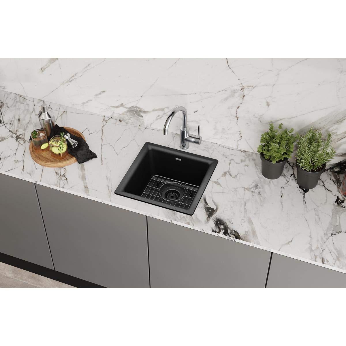 Elkay Quartz Classic ELG1616BK0C 15-3/4" x 15-3/4" x 7-11/16", Single Bowl Dual Mount Bar Sink Kit, Black
