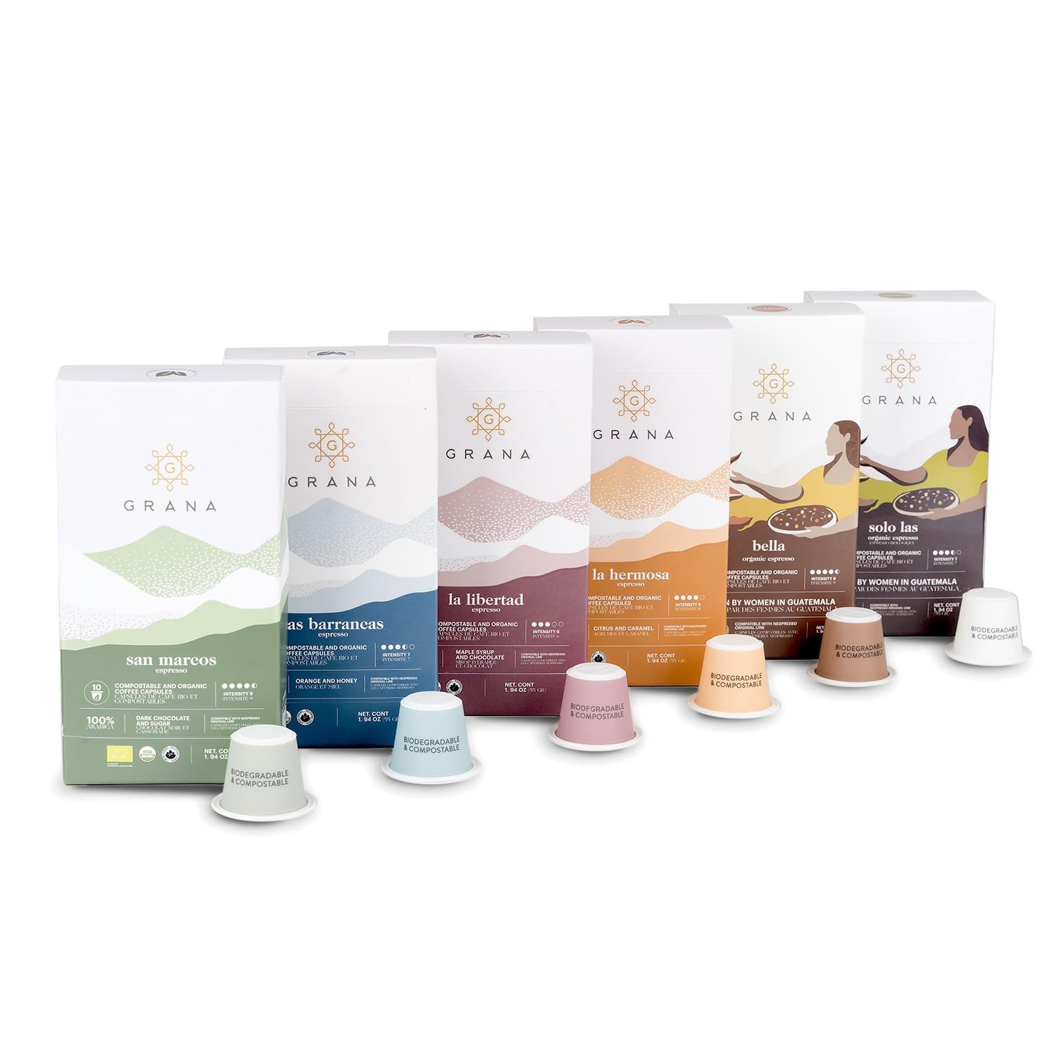 GRANA Nespresso Capsules, USDA Organic Coffee Caps Compatible with Nespresso Original Line Machines, 100% Arabica Single Source Clean Coffee, Compostable & Biodegradable Pods, 60 count, Variety Pack