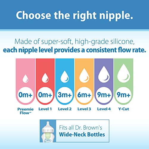 Dr. Brown’s Natural Flow Level 1, Wide-Neck Baby Bottle Silicone Nipple, Slow Flow, 100% Silicone, 4 Pack, 0m+