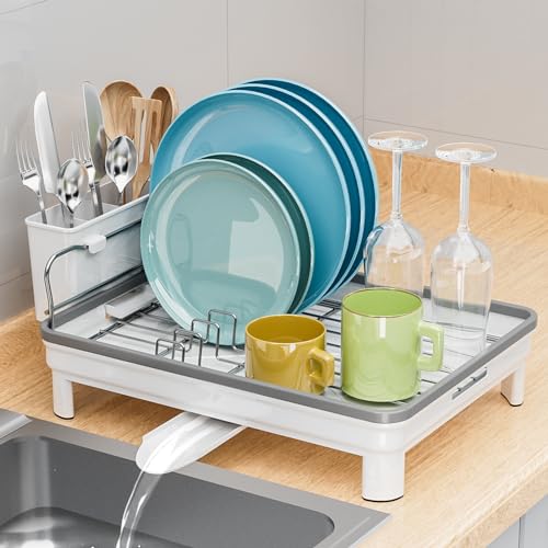 Ewaiira Dish Drying Rack, Dish Racks for Kitchen Counter, Anti-Rust Dish Dryer Rack with 360° Swivel Spout Drainboard Set, Utensil Holder and Cup Holder for Kitchen Countertop (White)