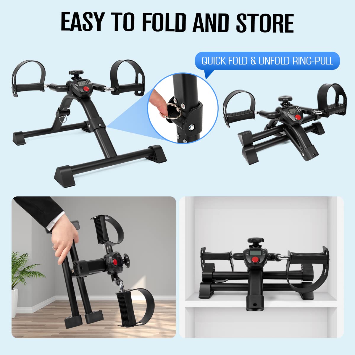 Folding Pedal Exerciser, BOOKCYCLE Mini Exercise Bike, Under Desk Bike Pedal Exerciser for Seniors Legs Arms Physical Therapy Workout at Home Office (Matte black)