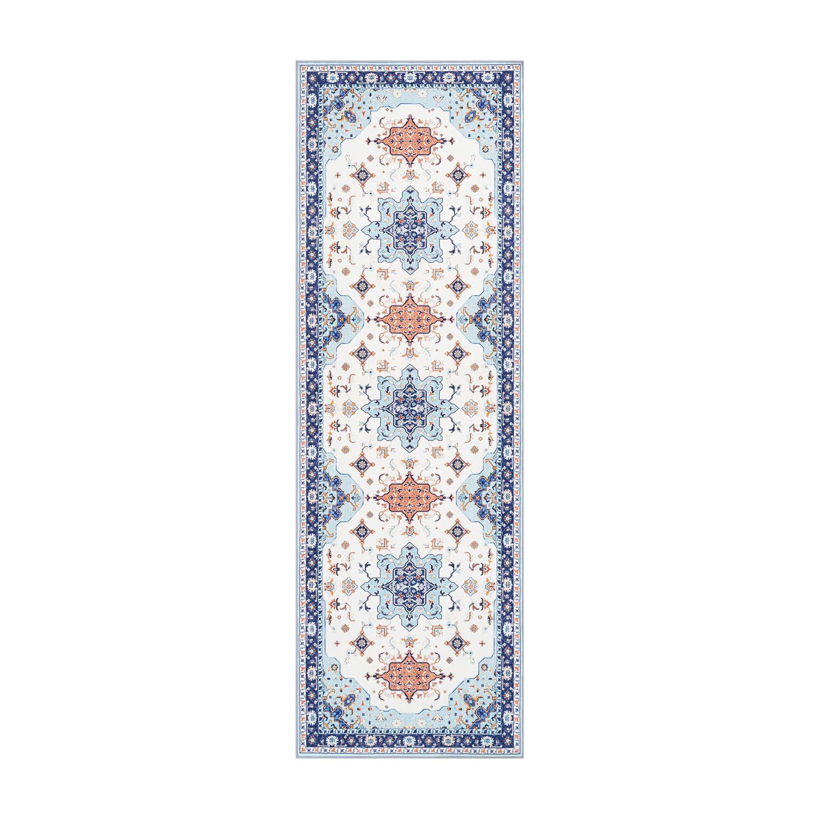 Phantoscope Hallway Runner Rug 2'x6'-Long Rug Runner Boho Retro-Patterned Washable Non-Slip Carpet for Kitchen Entryway Laundry Bedroom,Ultra-Thin Vintage Distressed Accent Rug,Blue/Orange/Cream