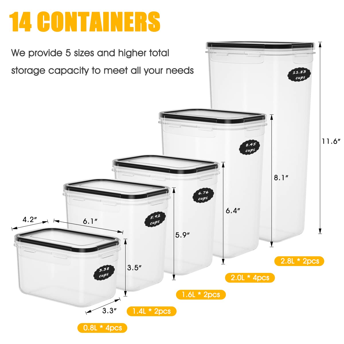 Eaietc Food Cereal Storage Containers Set 14 PCS(771.06 OZ) Airtight Food Storage Containers with Durable Lids Kitchen Pantry Organization Ideal for Cereal & Snacks -Labels & Spoon Set & Markers