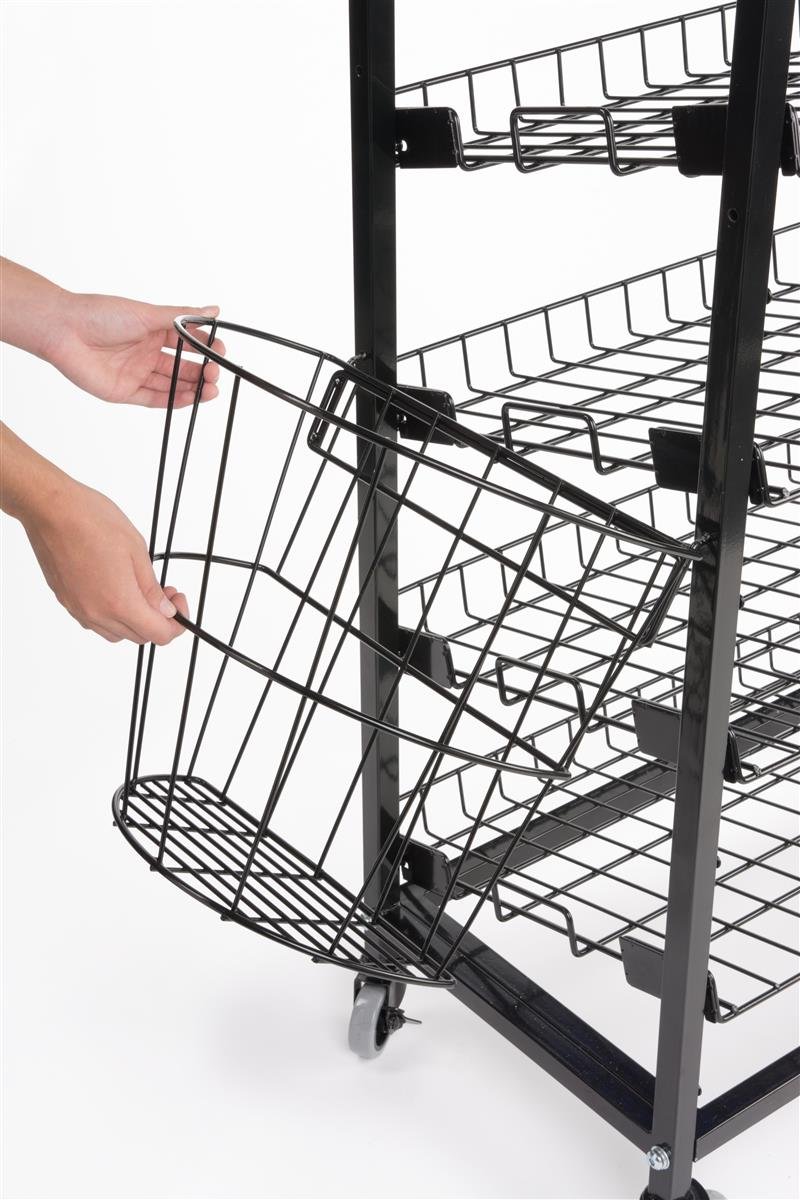 Displays2go “Fresh Baked” Bakery Merchandiser with Adjustable Shelves, (2) Side Baskets for Baguettes, (2) Sign Holder Options, Locking Wheels, Black