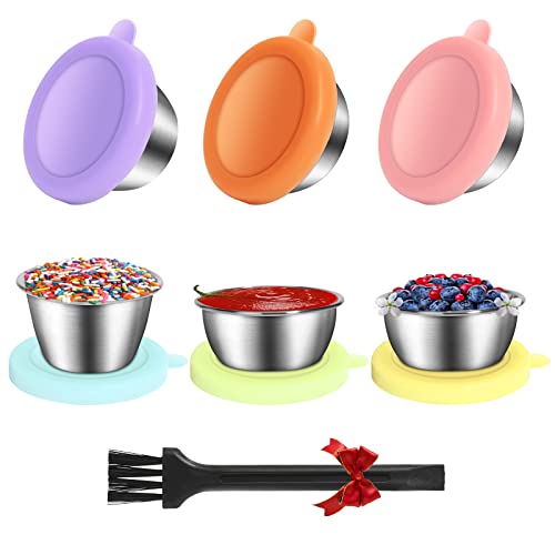 Salad Dressing Container To Go, Small Reusable Condiment Cups Containers with Leakproof Silicone Lids, Stainless Steel Kids Dipping Sauce Cups Food Storage for Lunch Box, Travel, 6 Pack - 1.6oz & 2oz